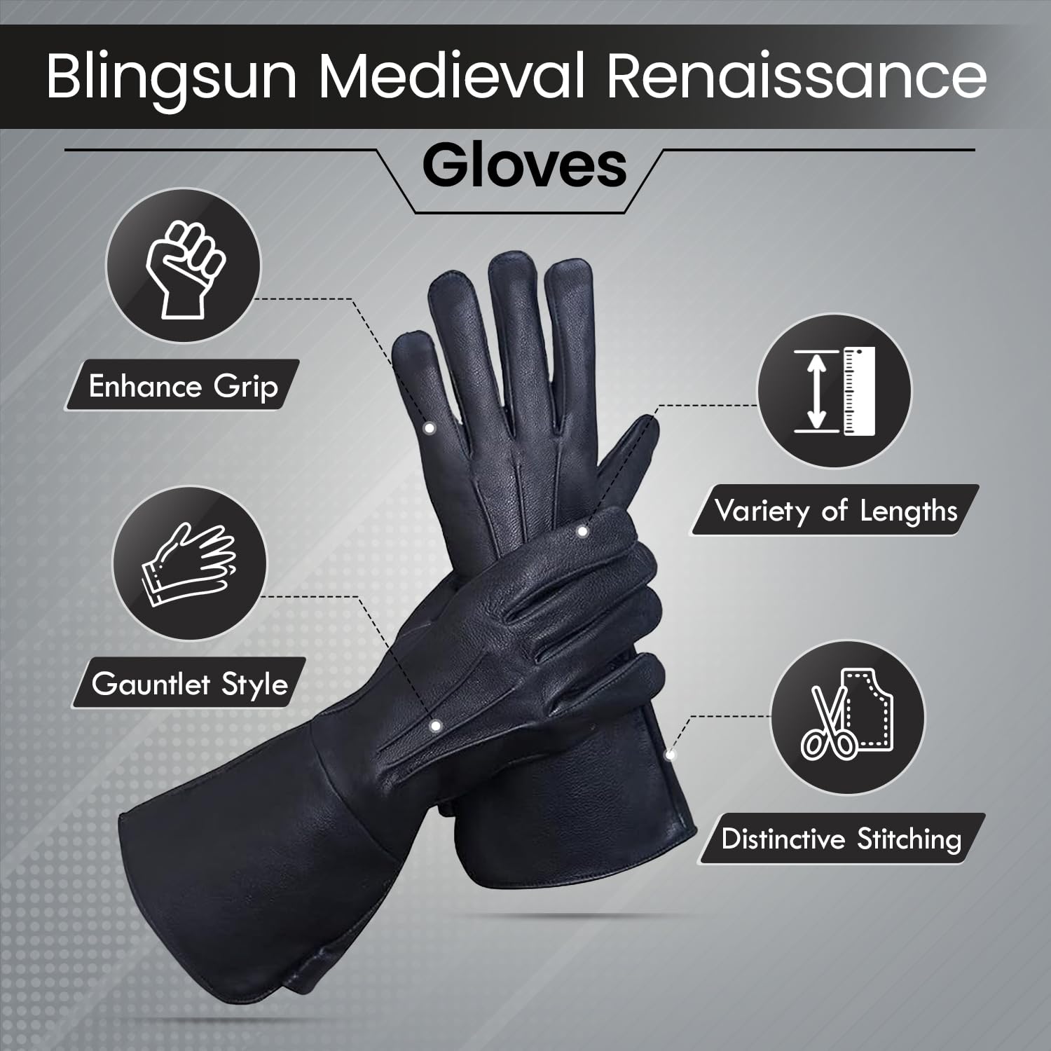 BlingSun Men’s Medieval Renaissance Gloves Pure Black Lambskin Unlined Leather Cosplay Gauntlet Gloves Long Arm Cuff (Medium)