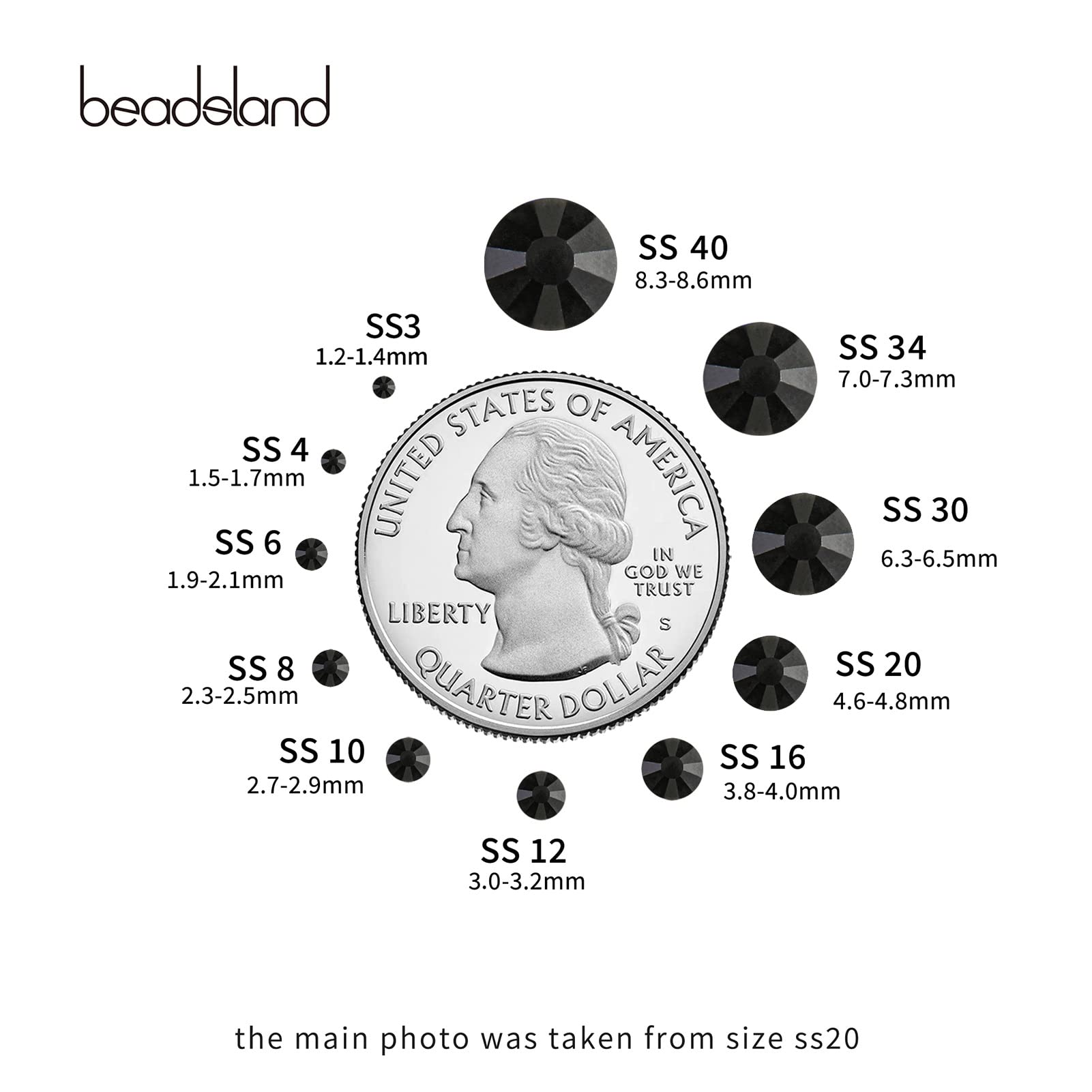 beadsland Flat Back Crystal Rhinestones Round Gems, Black (4.6-4.8mm) SS20/1440pcs