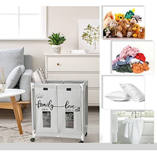 Laundry Sorter Cart with Lid, 110L 2 sections Oxford Cloth Laundry Hamper on Wheels, Laundry Basket for Family Dorm Room Clothing Throws Toys (22.6*13.6*26.6IN)