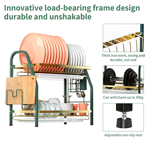 Boiarc Dish Drying Rack for Kitchen Counter, 2 Tier Large Dish Rack & Drainboard Set, Kitchen Dish Drainer Organizer with Utensil Holder & Cutting Board Holder (Gold & Green)