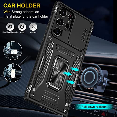 LKPINGAN for Samsung Galaxy S22 Ultra 5G Case with Slide Camera Cover &360 Degree Rotating Ring Kickstand, Military Grade Drop Protection Rugged Shockproof Case for Galaxy S22 Ultra 6.8 Inch Black