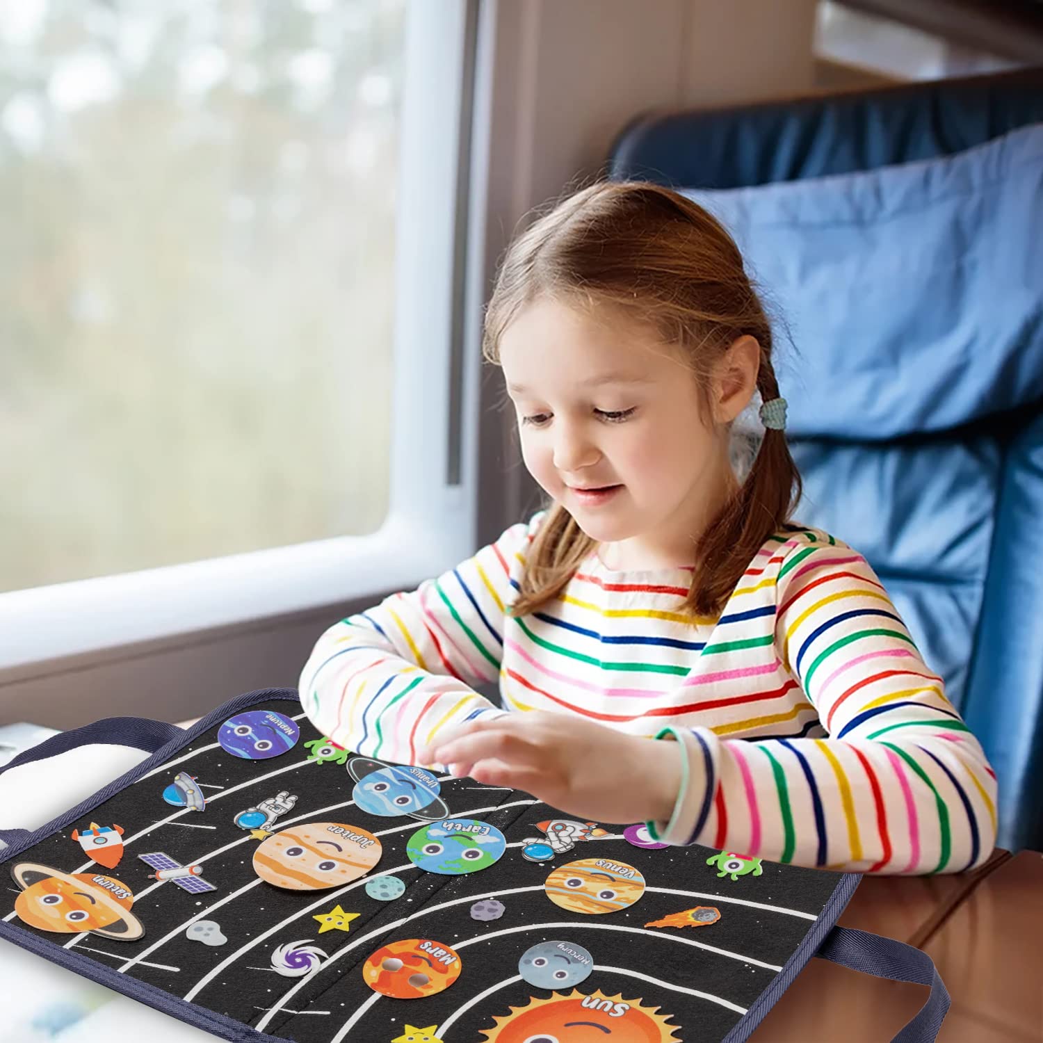 WATINC 25Pcs Outer Space Travel Felt-Board Story Set Portable Felt Board Solar System Universe Storytelling Planets Astronaut Galaxy Themed Preschool Early Learning Interactive Play Kit for Toddlers