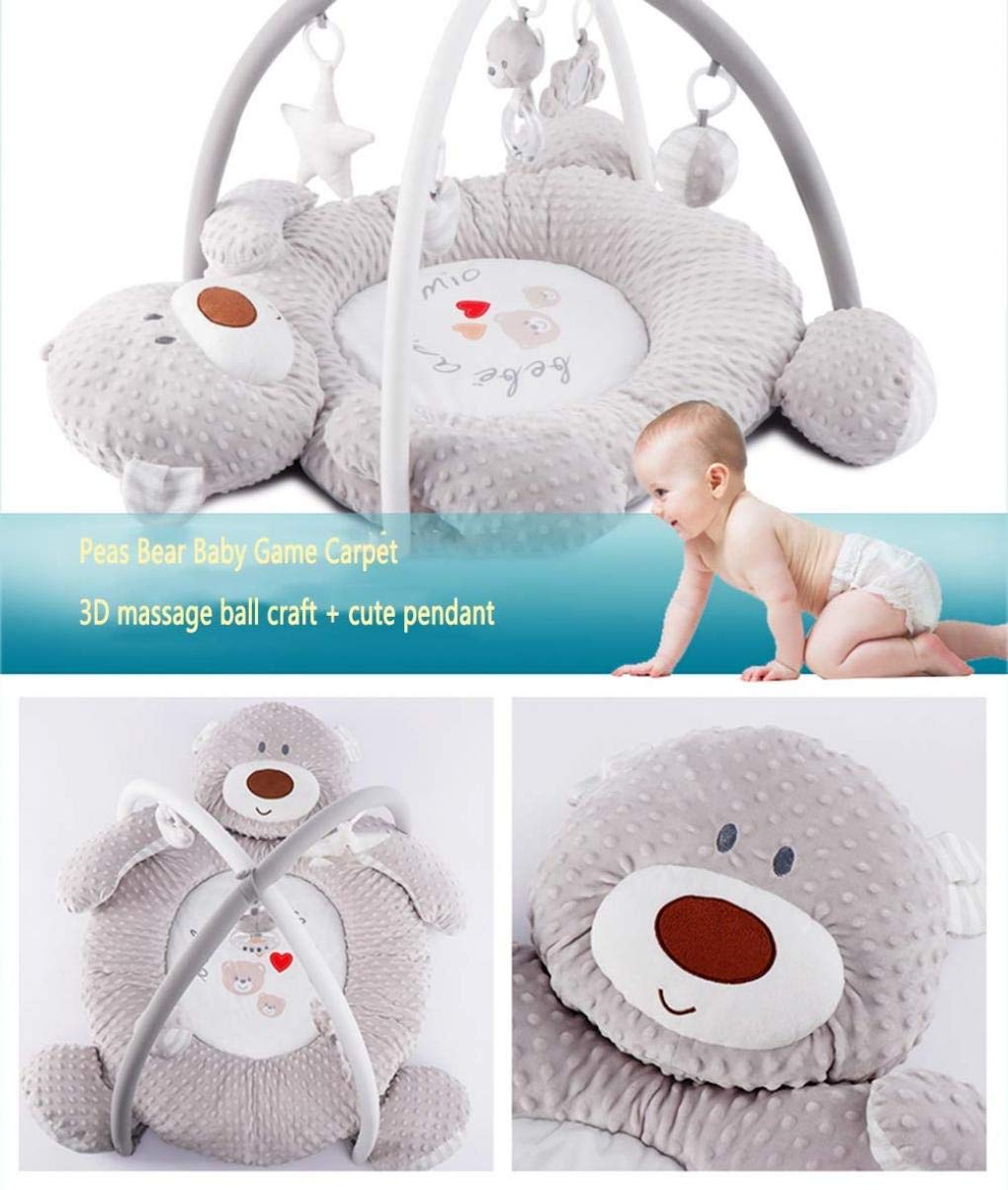 KUANDARM Grey Bear Shaped Baby Play Mat with Fitness Frame Cute Pendants Newborn Activity Centre Toddler Game Blanket