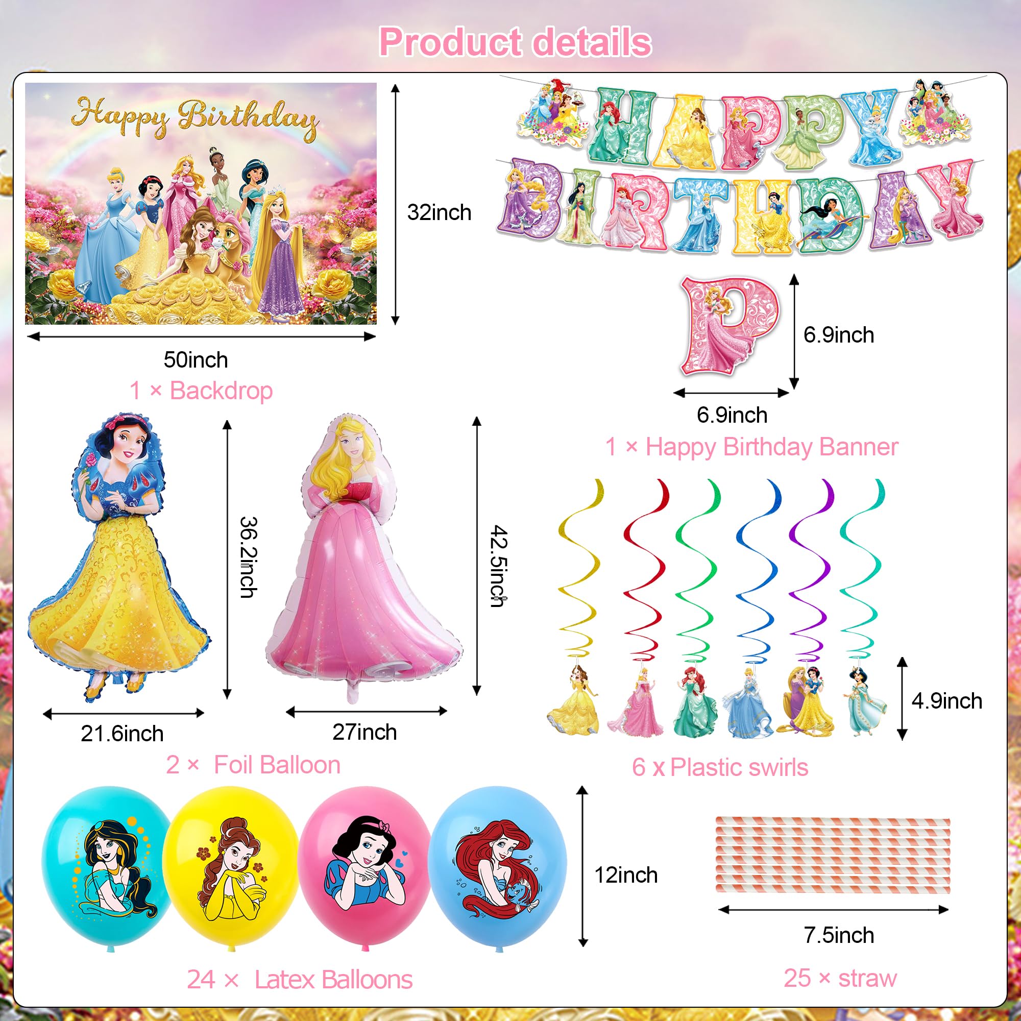 BOSMAT Princess Birthday Decorations, Princess Party Supplies Includes Balloons, Happy Birthday Banner, Cake&Cupcake Topper, Plates, Napkins, Cup, Tablecloth , Foil Balloon and Backdrop