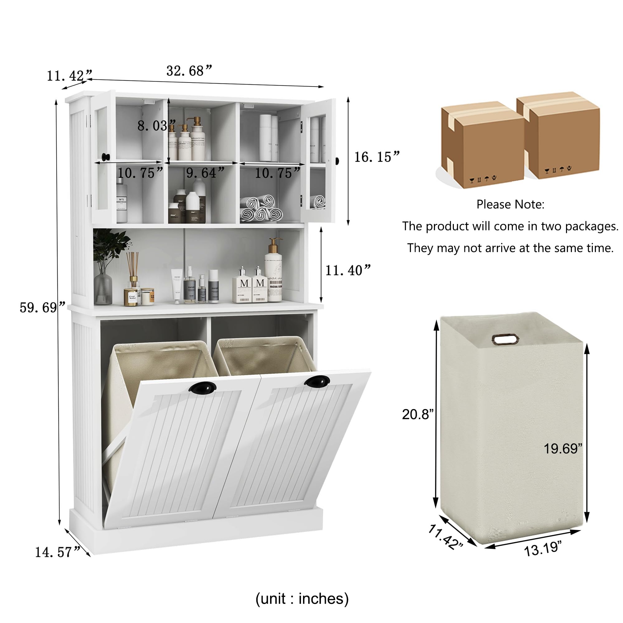 OQSC Tall Tilt-Out Double Doors Laundry Cabinet Hamper, Large Pull Out Laundry Room Storage Cabinets, Bathroom Cabinet with Hidden Laundry Hamper & Glass Doors, White,13 * 2 Gallons