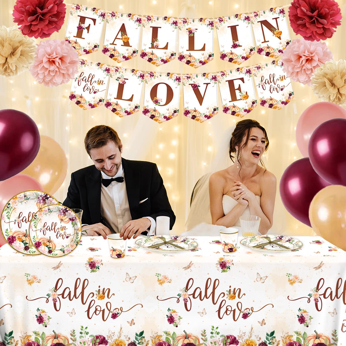 Fall in Love Party Decorations Fall Floral Pumpkin Decoration Set Includes Fall Tablecloths, Fall in Love Dinner Plate Boho Balloons Perfect for Bridal Shower Anniversary Engagement Party Decorations