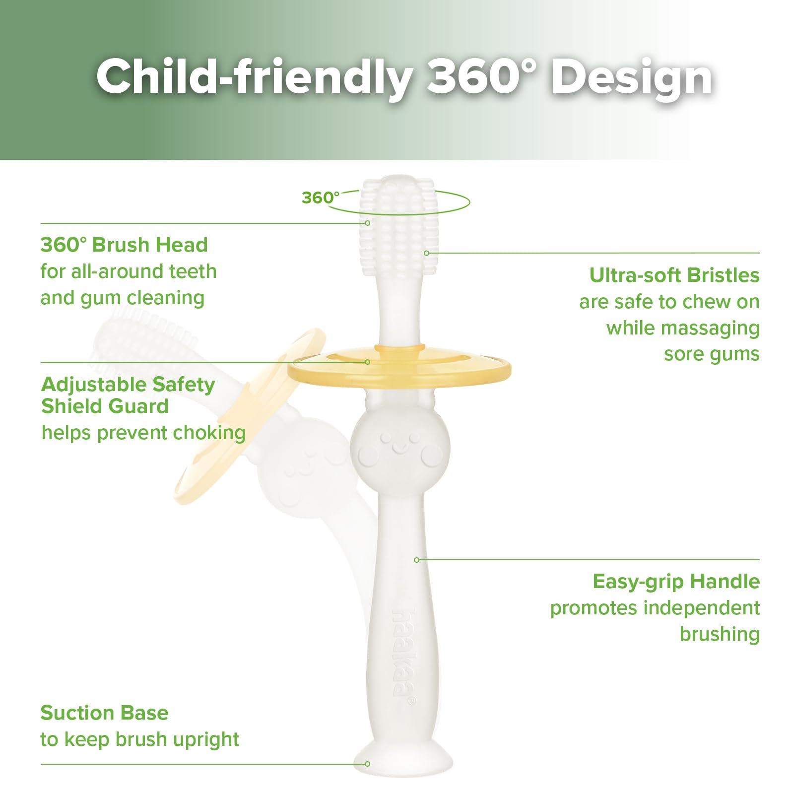 haakaa Infant Toothbrush, Easy to Hold 360° Baby Toothbrush, Train 6month+ Infants Babies and Toddlers for Oral Hygiene, Teether Effect for Sore Gums, 1pc (Clear)