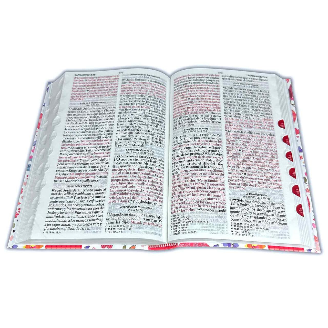 Biblia para Mujer Letra Grande 12 puntos RV1960 rosa floral con corazones con indice