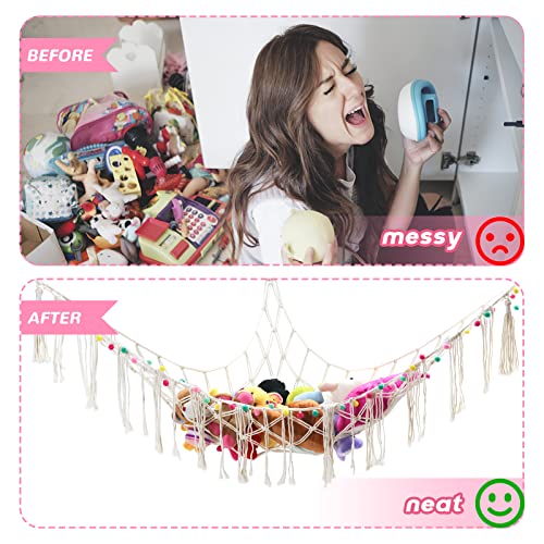 Stuffed Animal Nets, 59 Inches Hanging Stuffed Animal Netting Storage Large Wall Corner Stuffed Animal Hammock Organizer Ceiling Net DIY Beads for Kids Toy Display Bedroom Nursery (59 Inches, White)