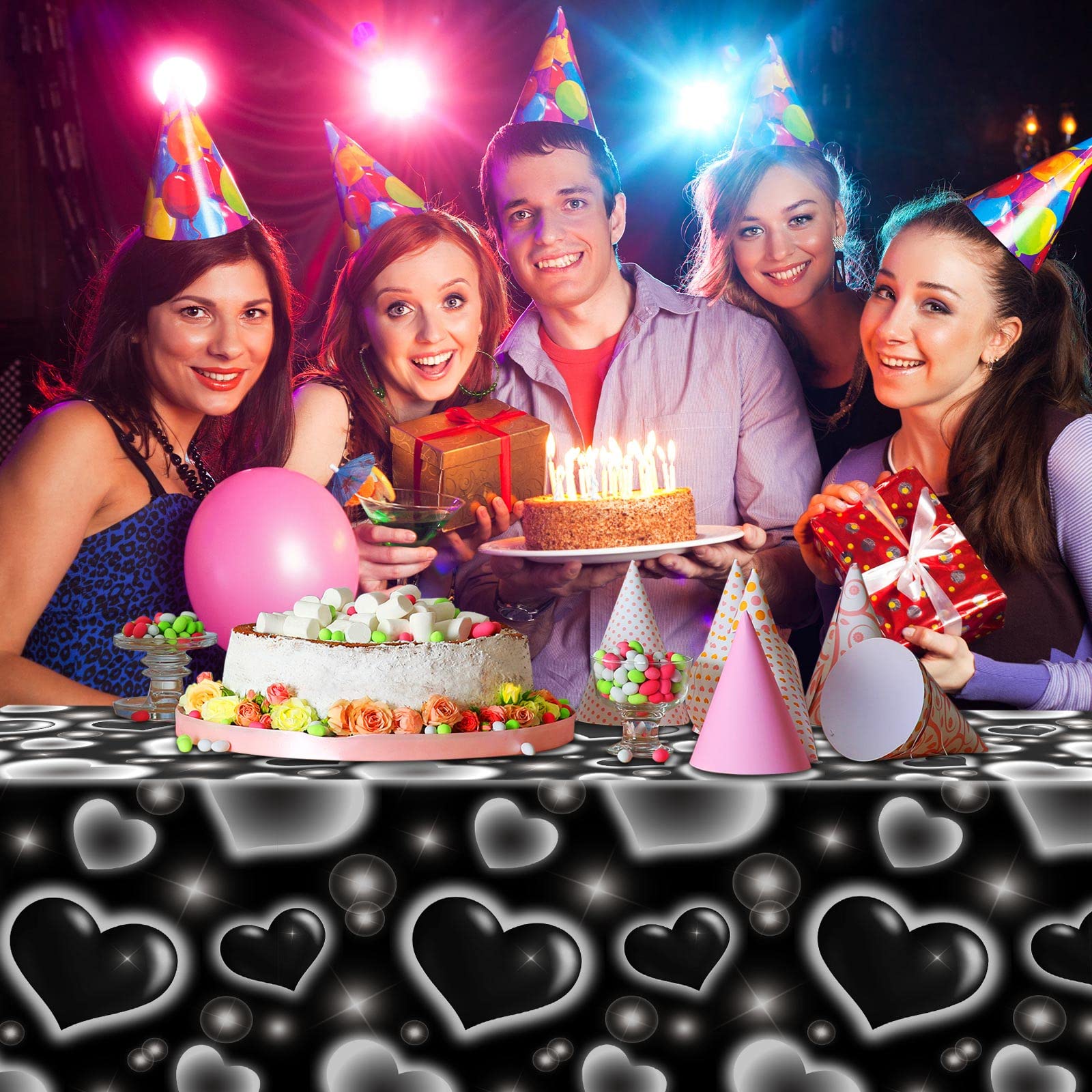 Tudomro 3 Pack 2000s Tablecloth Decoration Cholo Party Table Cover 90s Table Covers Heart Early Plastic Disposable Rectangle Table Decoration for Birthday Party Supplies, 54 x 108 Inches(Black)