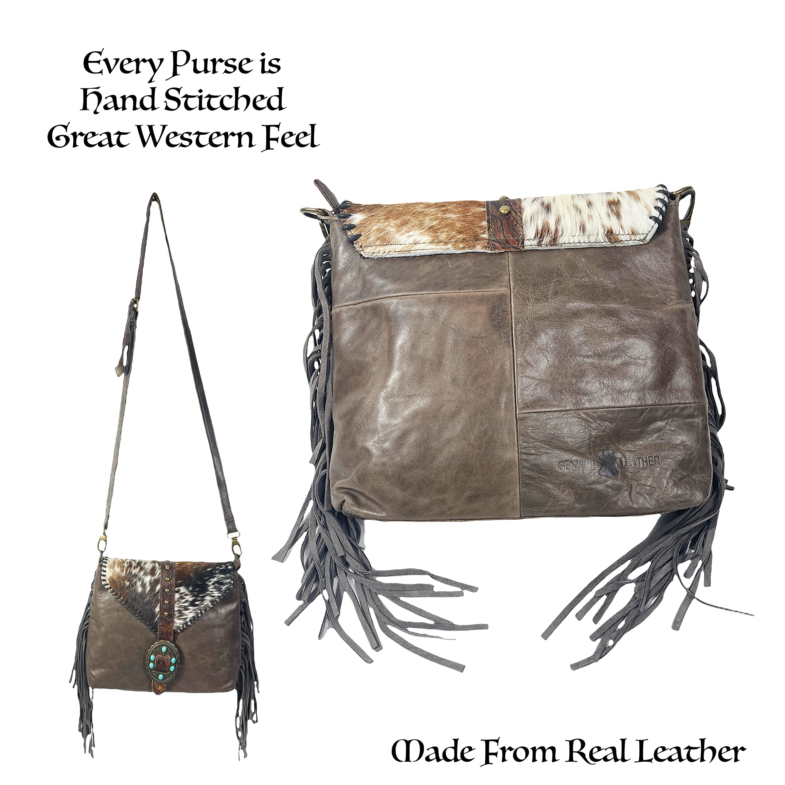 Urbalabs Western Crossbody Fringe Buckle Cowhair Leather Messenger Teal Stone Tooled Tote Bag Hand Stitched Purses (Dark Brown)