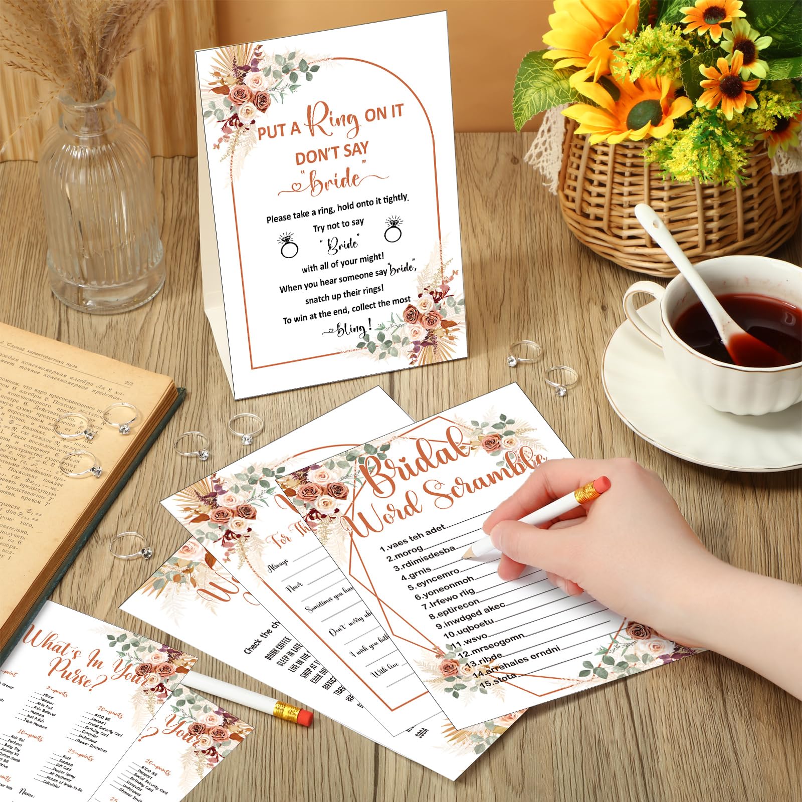 Estune 331 Pcs Bridal Shower Games Supplies, 5 Sets 250 Pcs Wedding Games Cards 1 Put a Ring on It Bridal Shower Games with 60 Pcs Rings and 20 Pcs Pencils(Boho Style)
