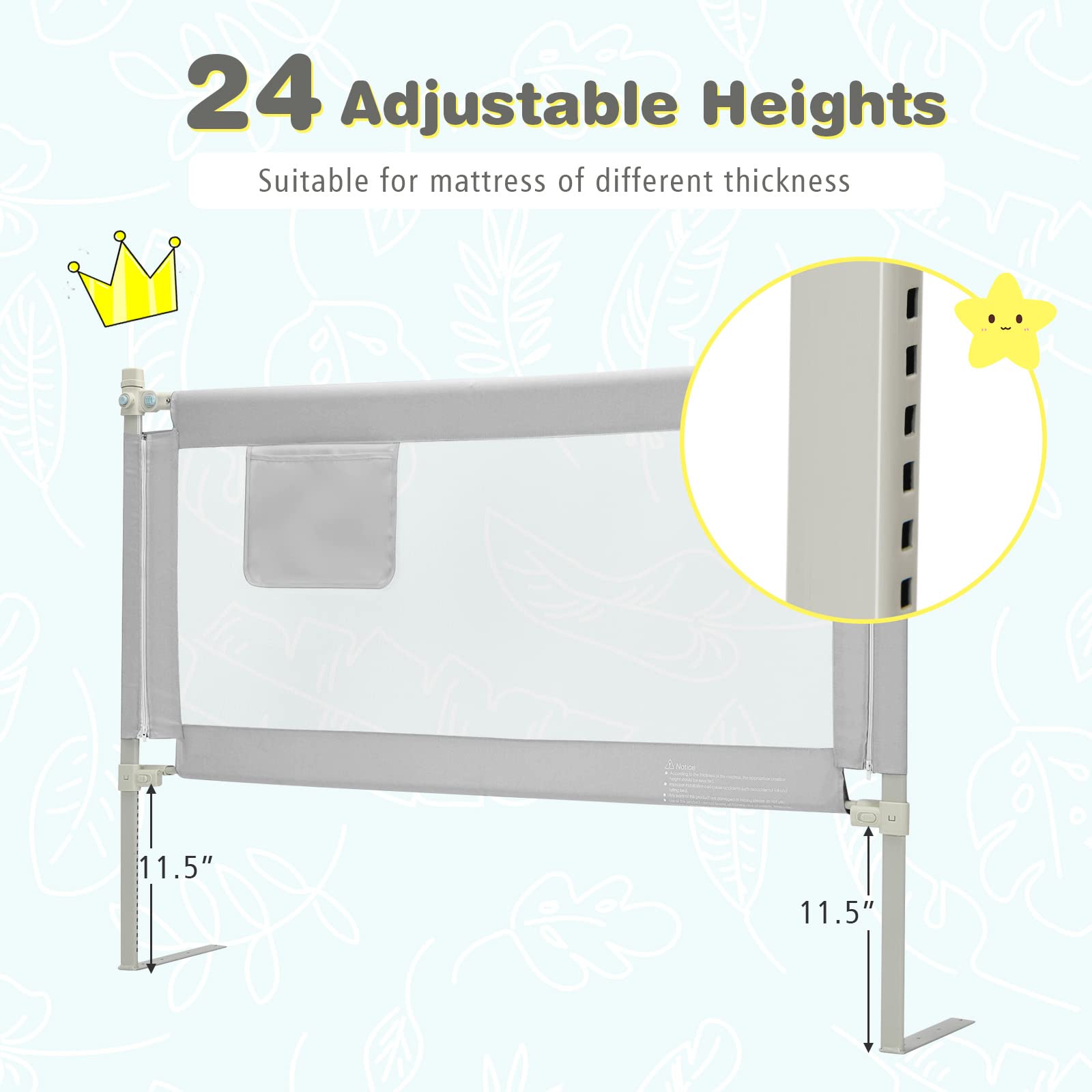 BABY JOY Bed Rail for Toddlers, 57ββ Extra Long, Height Adjustable & Foldable Baby Bed Rail Guard w/Storage Pocket & Double Safety Child Lock for Kids Twin Double Full Size Queen King Mattress (Gray)