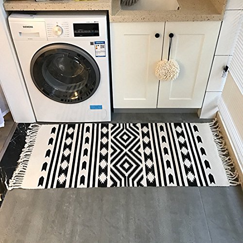 UKELER Laundry Room Runner Rug 2'x4' Cotton Washable Kitchen Rugs Black and White Front Door Mat Handmade Indoor Outdoor Rugs for Kitchen, Laundry, Bathroom, Doorway