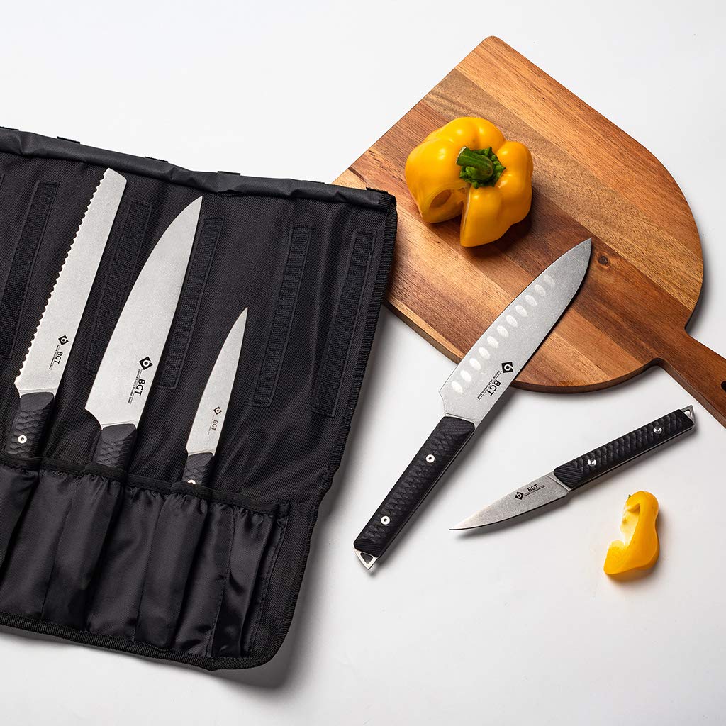 BGT Kitchen Knife Set, 5pcs Professional Chef Knife Set with Bag, Stonewashed Swedish Sandvik 12C27 Steel Kitchen Knife Set with G10 Handle