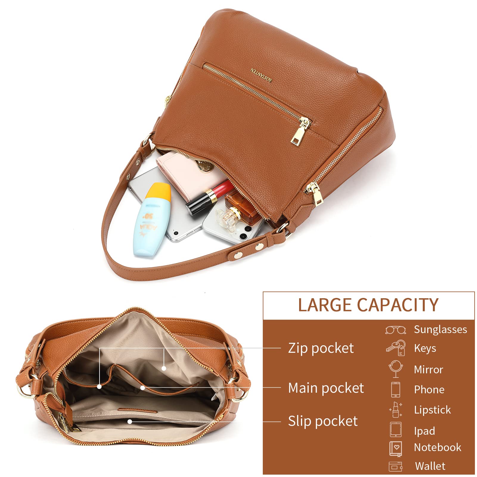 BOSTANTEN Women Handbags Leather Purses Designer Crossbody Shoulder Hobo Bags Brown
