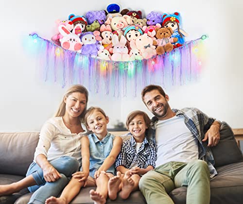 Stuffed Animal Net or Hammock with LED Light, Toy Hammock Hanging Stuffed Animal Storage Organizer Holder Room Décor with Tassels for Nursery Play Room Kids Bedroom (Purple)