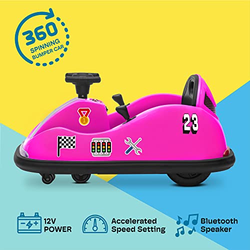 Kidzone 12V 2 Driving Mode (Steering Wheel/Joystick) Ride On Bumper Car for Kids & Toddlers 1.5-6 Year Old DIY Sticker Baby Bumping Toy Gifts W/Remote Control LED Lights, 360 Degree Spin