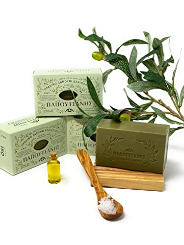 Papoutsanis Pure Greek Olive Oil Castile Bar Soap - Unscented - Hypoallergenic - Sensitive skin - Natural Bar for Face, Hands, Body - Imported from Greece - 8.8 oz Bars Pack of 4 (35.2 oz total)