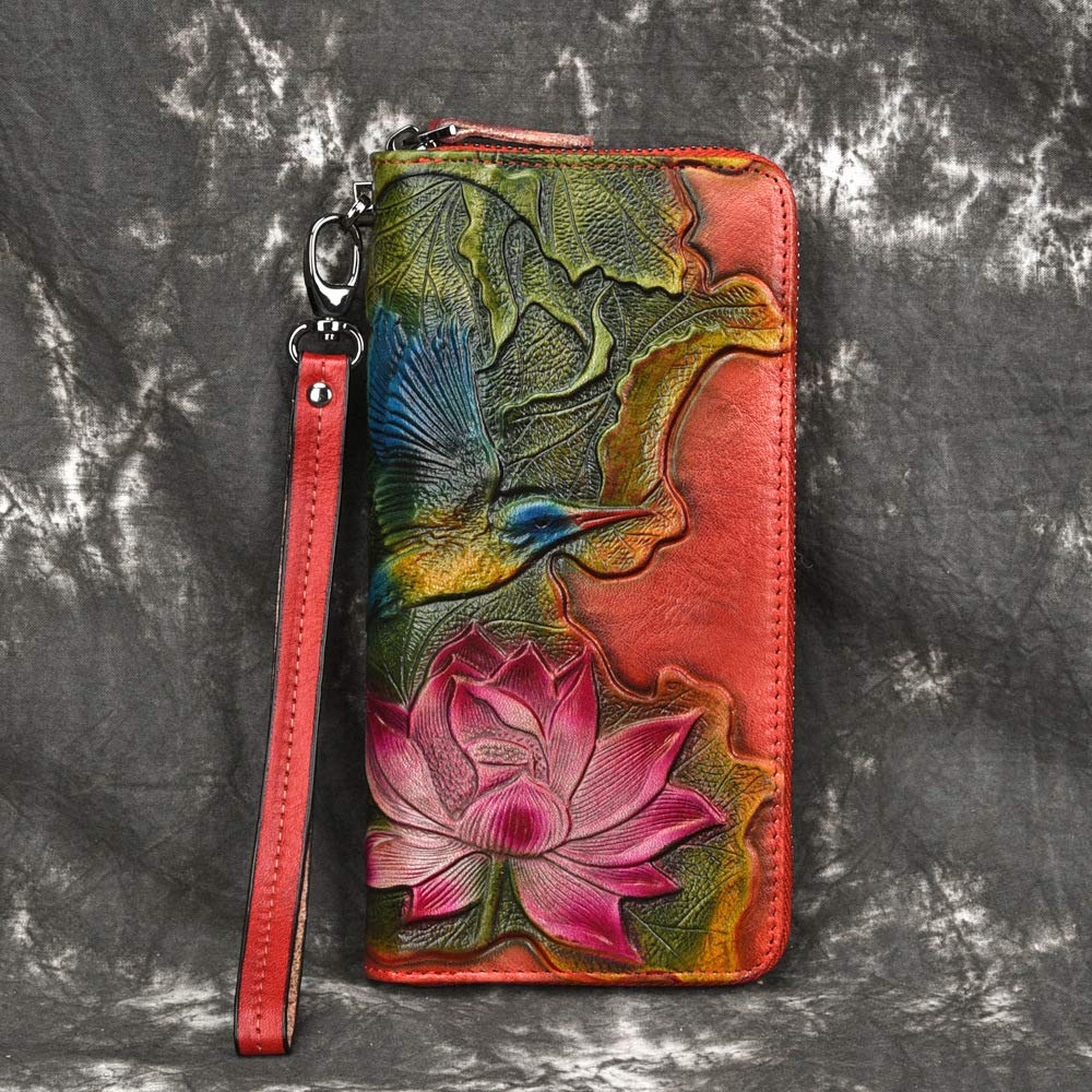 NASTASSA Wallets for Women Embossed Flower Handmade Leather Wallet Cell Phone Clutch Holder Purse (Red)