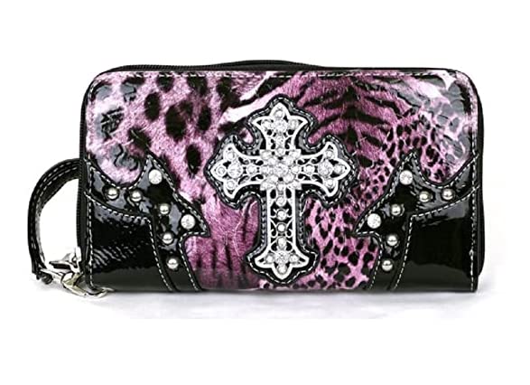 western rhinestone cross leopard concealed carry handbag with matching wallets in 3 colors (Purple)