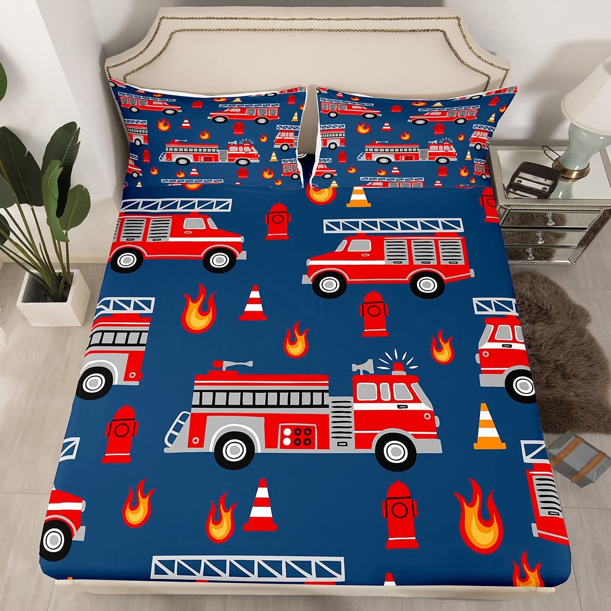 Cartoon Car Bed Sheets Set Fire Truck Sheet Set for Kids Boys Girls Room Decor Firefighter Sheets with Deep Pocket Fitted Sheet Firemen Car Vehicle Fire Engine Blue Red Bedding Set 4Pcs Full