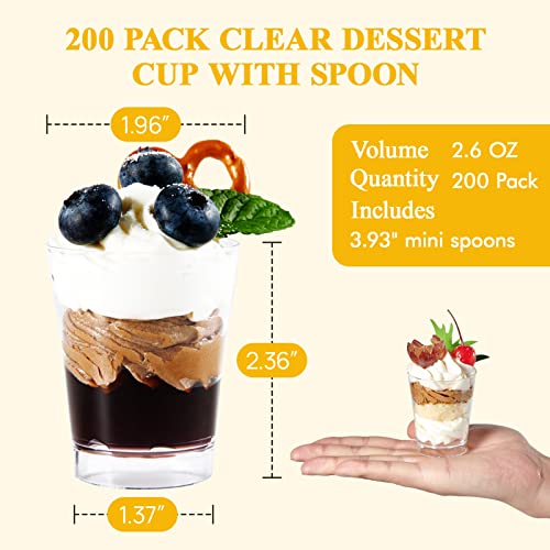 JOLLY CHEF 200 Pack 2.6 oz Mini Dessert Cups with Spoons, Clear Plastic Pudding Appetizer Cups for Party - Small Reusable Serving Bowl Clear Plastic Cups Ideal for Christmas Halloween Wedding