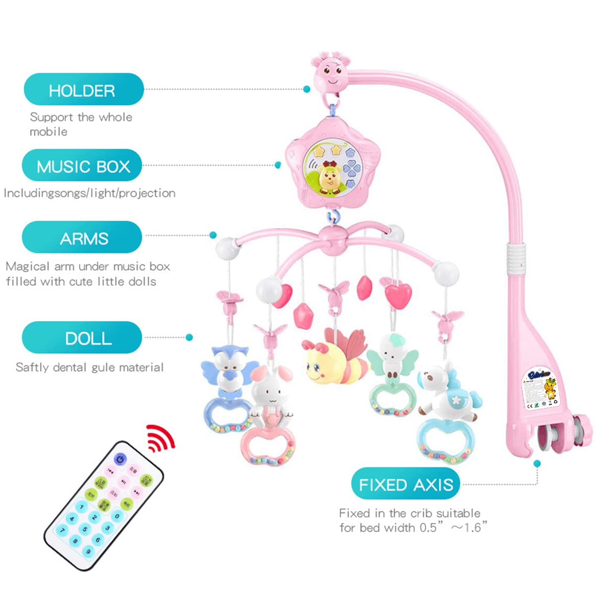 Baby Mobile for Crib with Music and Lights, Remote and Projection. Pack and Play Toys for Ages 0+ Months (Pink-Bee)