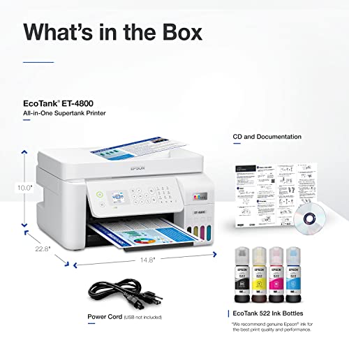 Epson EcoTank ET-4800 Wireless All-in-One Cartridge-Free Supertank Printer with Scanner, Copier, Fax, ADF and Ethernet β Ideal-for Your Home Office, White