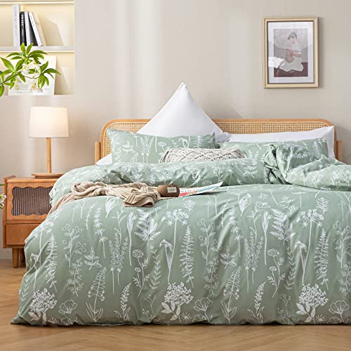 JANZAA 3 Pieces Duvet Cover, Queen, Sage Green, Floral Comforter Cover with Zipper Closure 4 Ties (2 Pillow Cases)