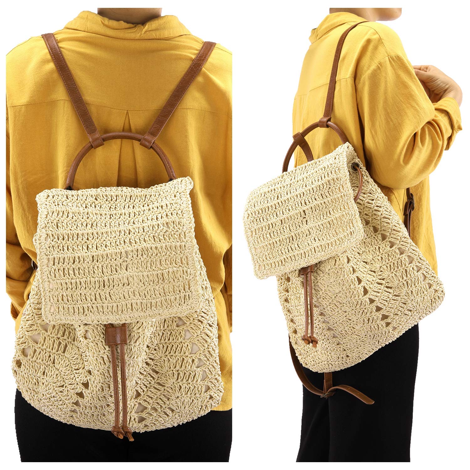 Ayliss Women Straw Beach Handbag Backpack Shoulder Handbag Summer Beach Woven Handmade Tote Purse Hobo Bag Rucksack Daypack (Beige)