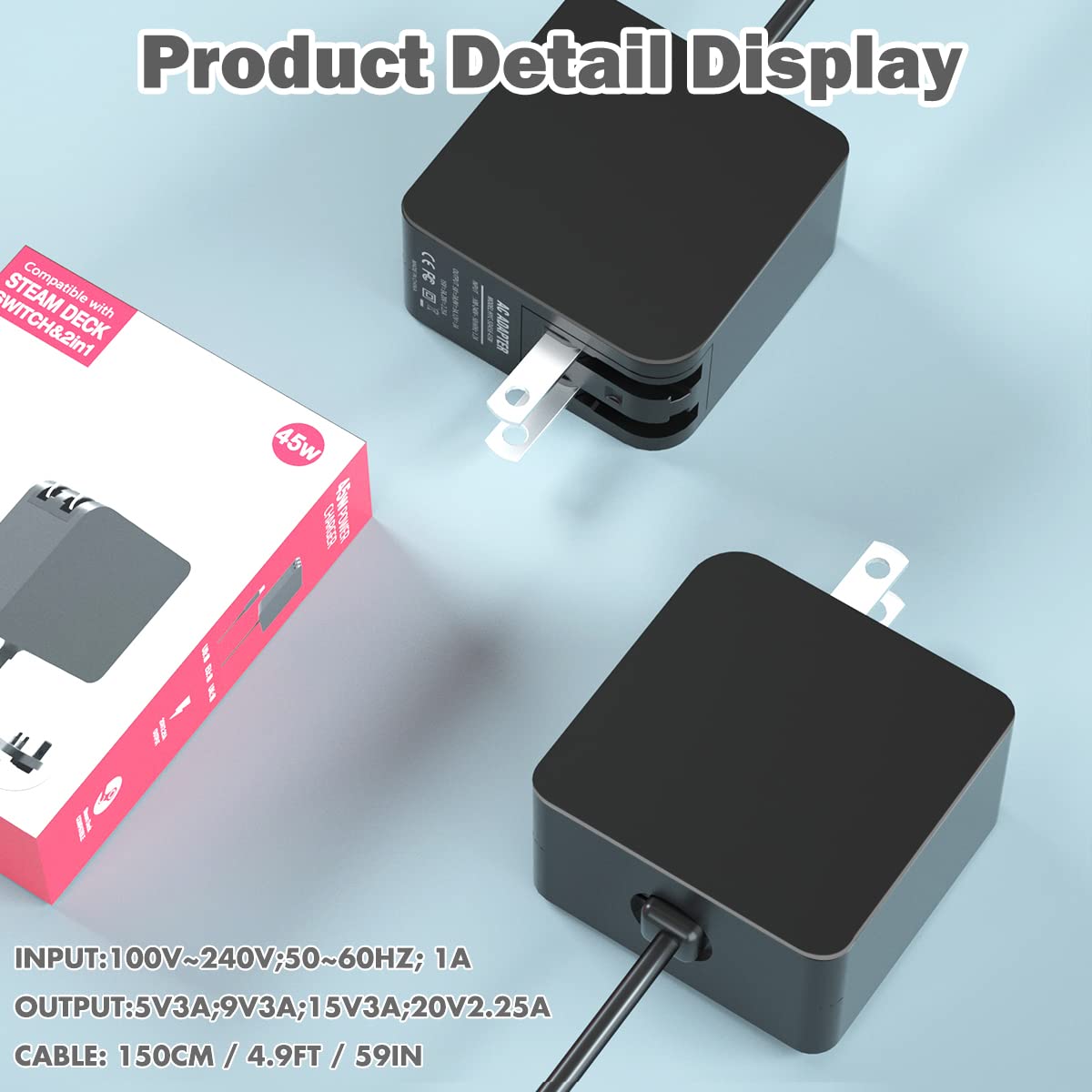 Charger for Nintendo Switch and Steam Deck AC Power Supply Adapter with 5FT Charging Cable Cord, Support Switch Steam Deck TV Dock Mode, Output 15V2.6A to 20V2.25A
