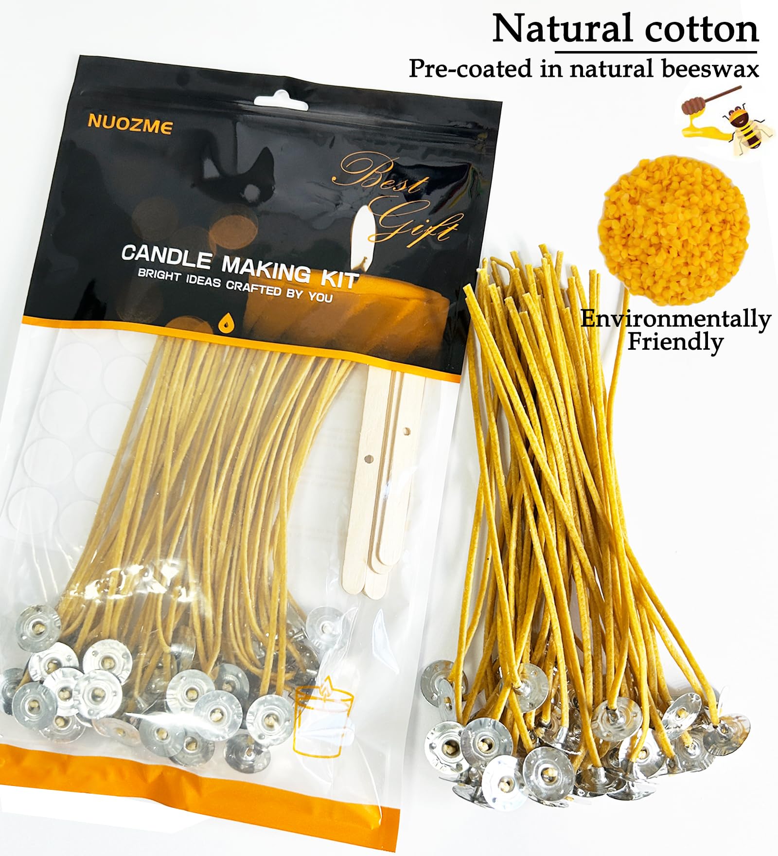 Nuozme 50 Pcs 6" Natural Candle Wicks,Pre-Waxed by 100% Beeswax & Tabbed with 60Pcs Candle Wick Stickers and 5 Pcs Wooden Candle Wick Centering Device, for Candle Making,Candle DIY