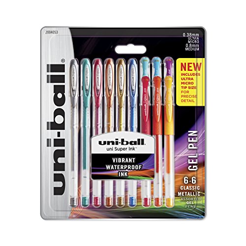uni-ball 2004053 Gel Pens, Ultra Micro (0.38mm) & Medium (0.8mm) Points, Assorted Colors, 12 Count