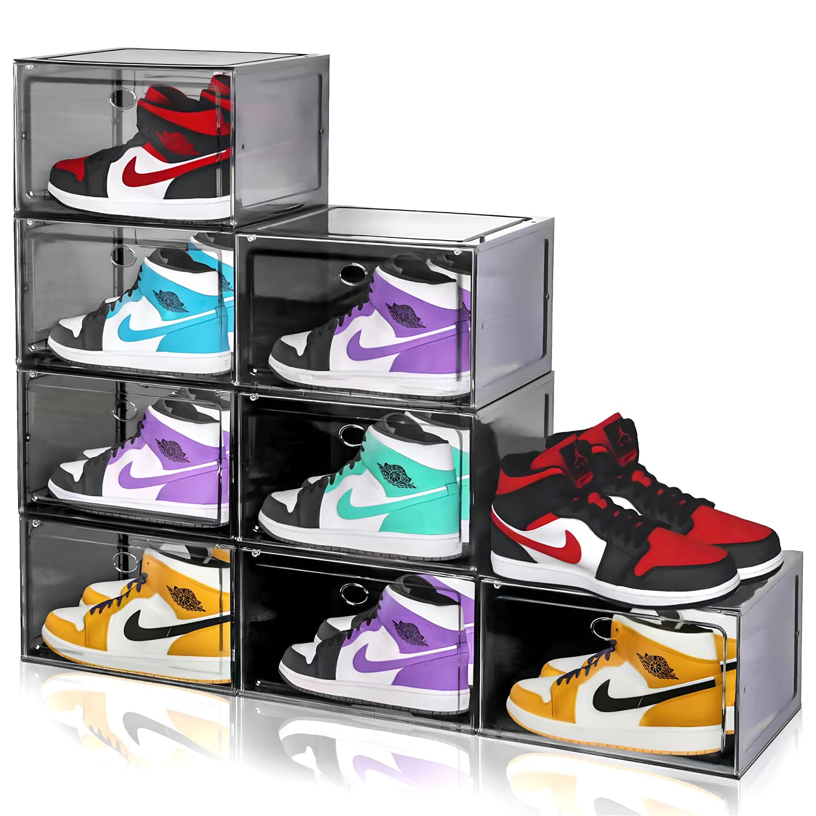 Large Shoe Boxes Clear Plastic Stackable, 8 Pack Drop Side Shoe Storage Organizer with Magnetic Door, Foldable Space-Saving Shoe Container Sneaker Storage Display Fit up to US Size 13 for Men/Women