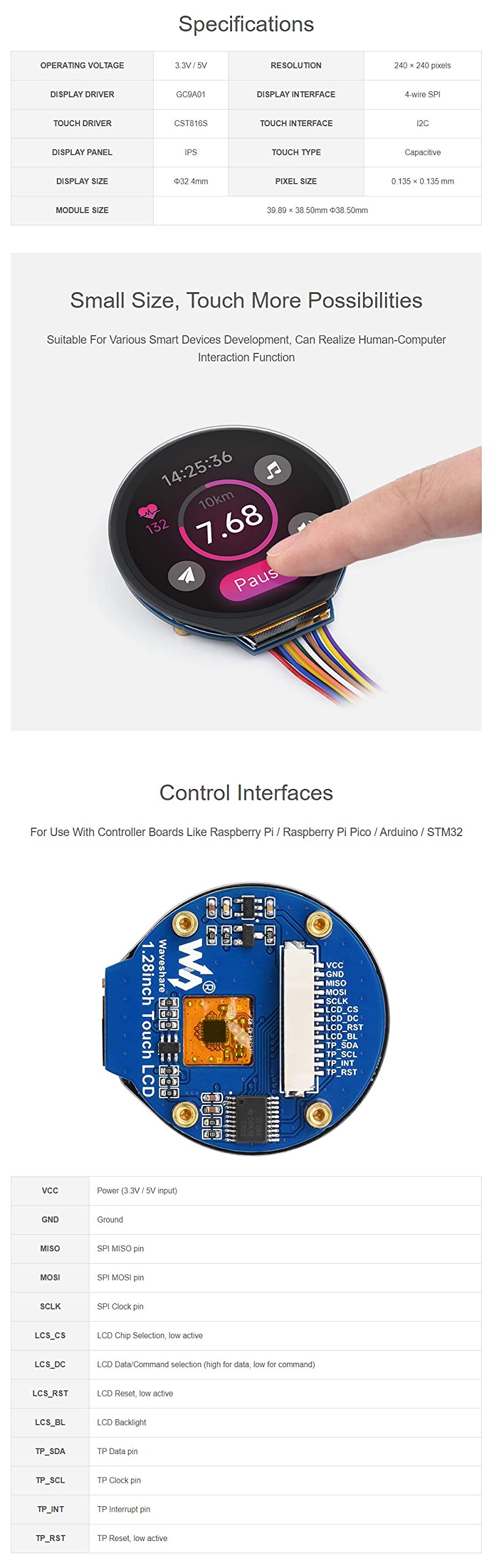 Coolwell 1.28inch Round LCD with Touch Panel for Raspberry Pi 4B+ 4B 3B+ 3B 2B+ Zero W WH 2 W Pico 240×240 IPS Display Module SPI and I2C Embedded GC9A01 Driver