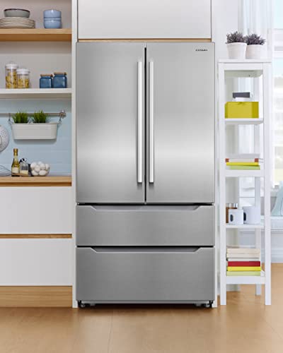 Cosmo FDR225RHSS-G 36 in Double French Door Refrigerator | Energy Efficient Fridge with 2 Drawer Bottom Freezer & Built-In Automatic Ice Maker/Chest, 22.5 cu. ft. Storage Capacity - Stainless Steel