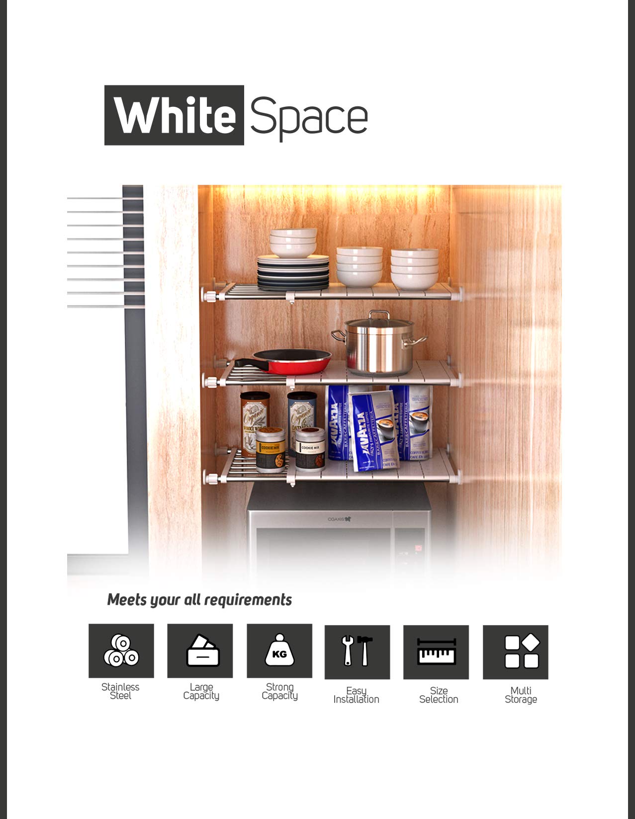 Whitespace Expandable Closet Tension Shelf - Stainless Steel 9.45 in. x 24 in. x 40 in. Adjustable Shelf, Kitchen Cabinet Storage Maximizer, Additional RV Storage, Heavy Duty Tension Rods (10x24)