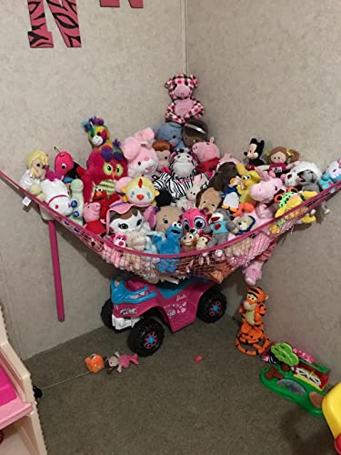 Toy Hammock, Huijukon Jumbo Corner Toy Hammock Toy Storage Net Hammock Collection Organizer for Stuffed Animals Squishmallows Cuddly Plush Soft Toys | Size: 86" x 60" x 60" (Pink)