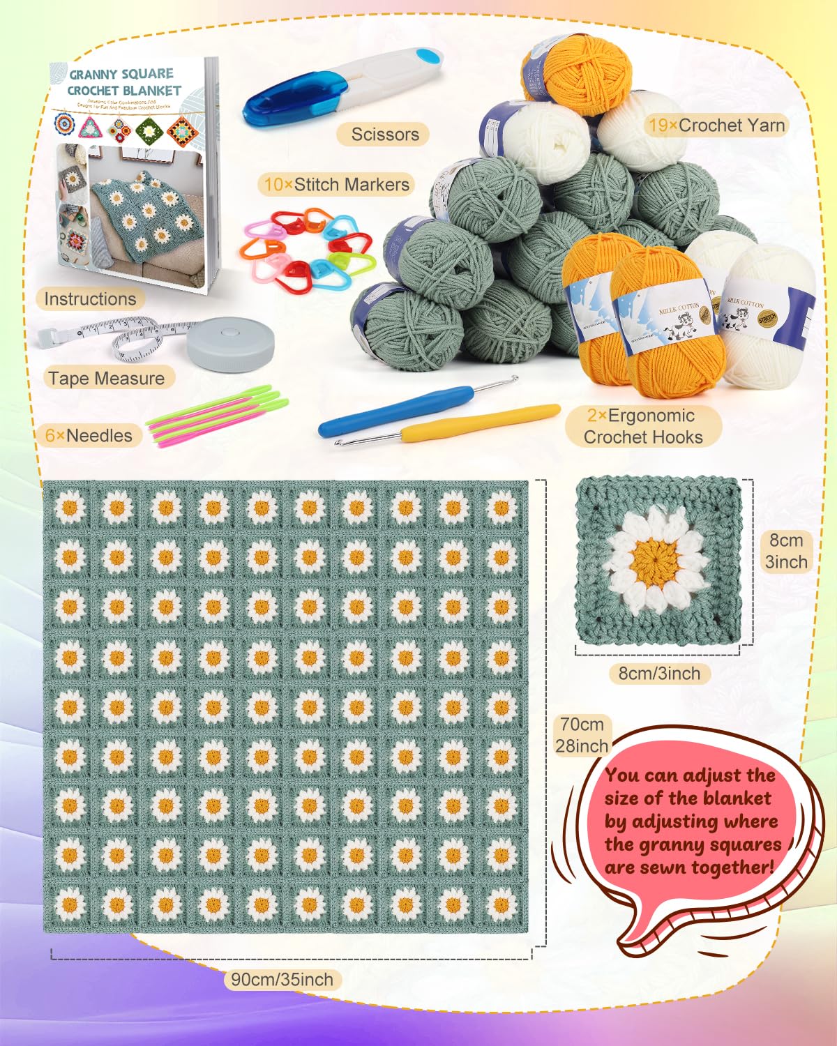 Coopay Crochet Kit Beginners for Blanket, Granny Squares Crochet Blanket Kit with Instructions & Enough Yarn, Complete Crochet Starter Kit Easy Learn to Crochet Blanket Kit for Beginners Adults