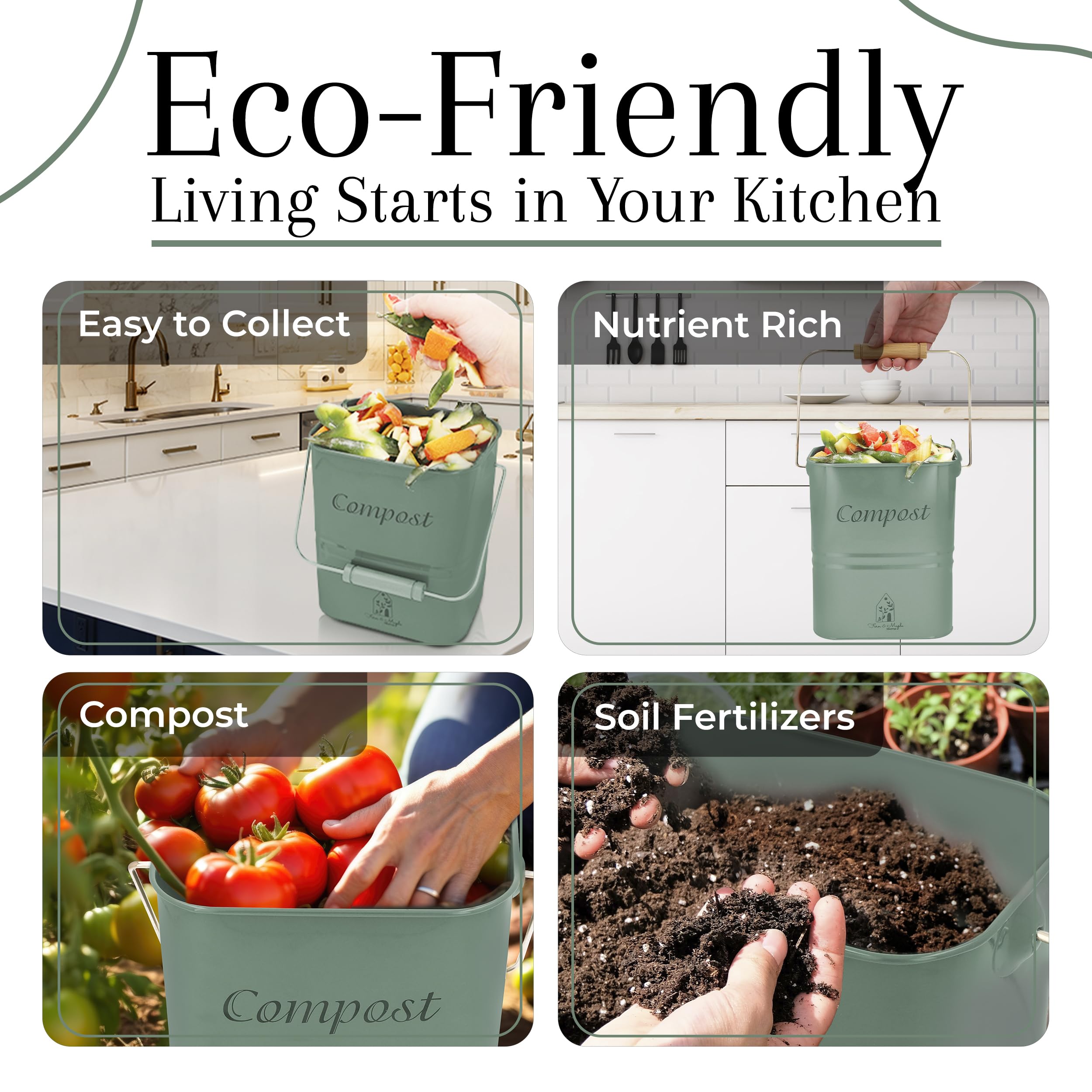 Compost Bin Kitchen Counter – 1 Gal with Lid & 3 Charcoal Filters, Small Square Countertop Composting Bin Fits Against Wall - Space Saving for Food Scraps, Odor-Free Countertop Compost Bucket
