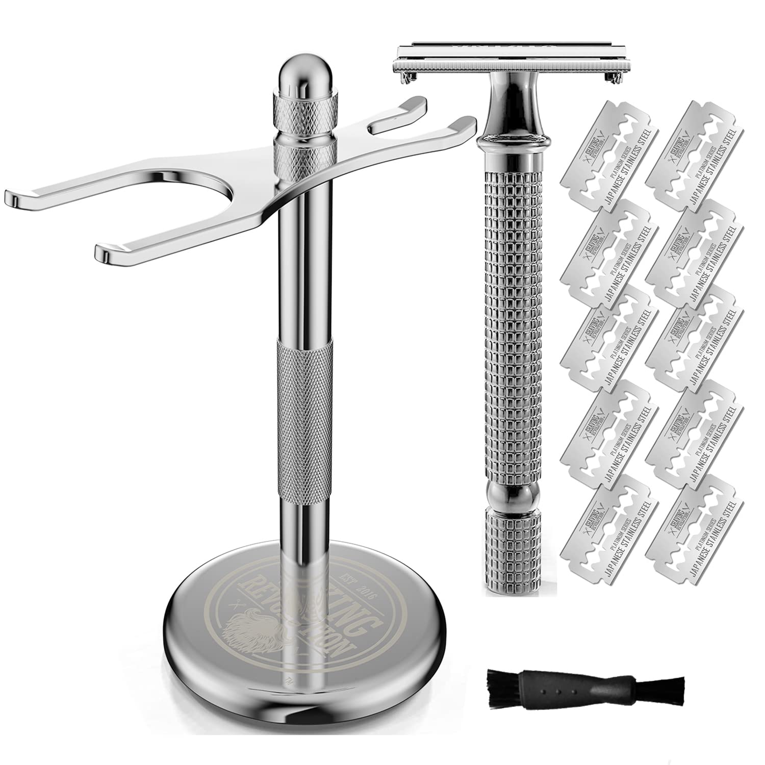 Chrome Long Handle Double Edge Safety Razor - Butterfly Open Razor with 10 Japanese Stainless Steel Double Edge Blades and Chrome Safety Razor Stand