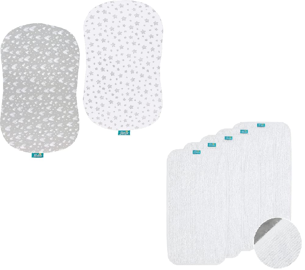Changing Pad Liner 5 Count, Waterproof Larger Changing Pad Cover 28" X 15", Cotton Terry (Solid Improved Thickness) / Bassinet Sheets, 2 Pack, 100% Jersey Knit Cotton, Grey and White