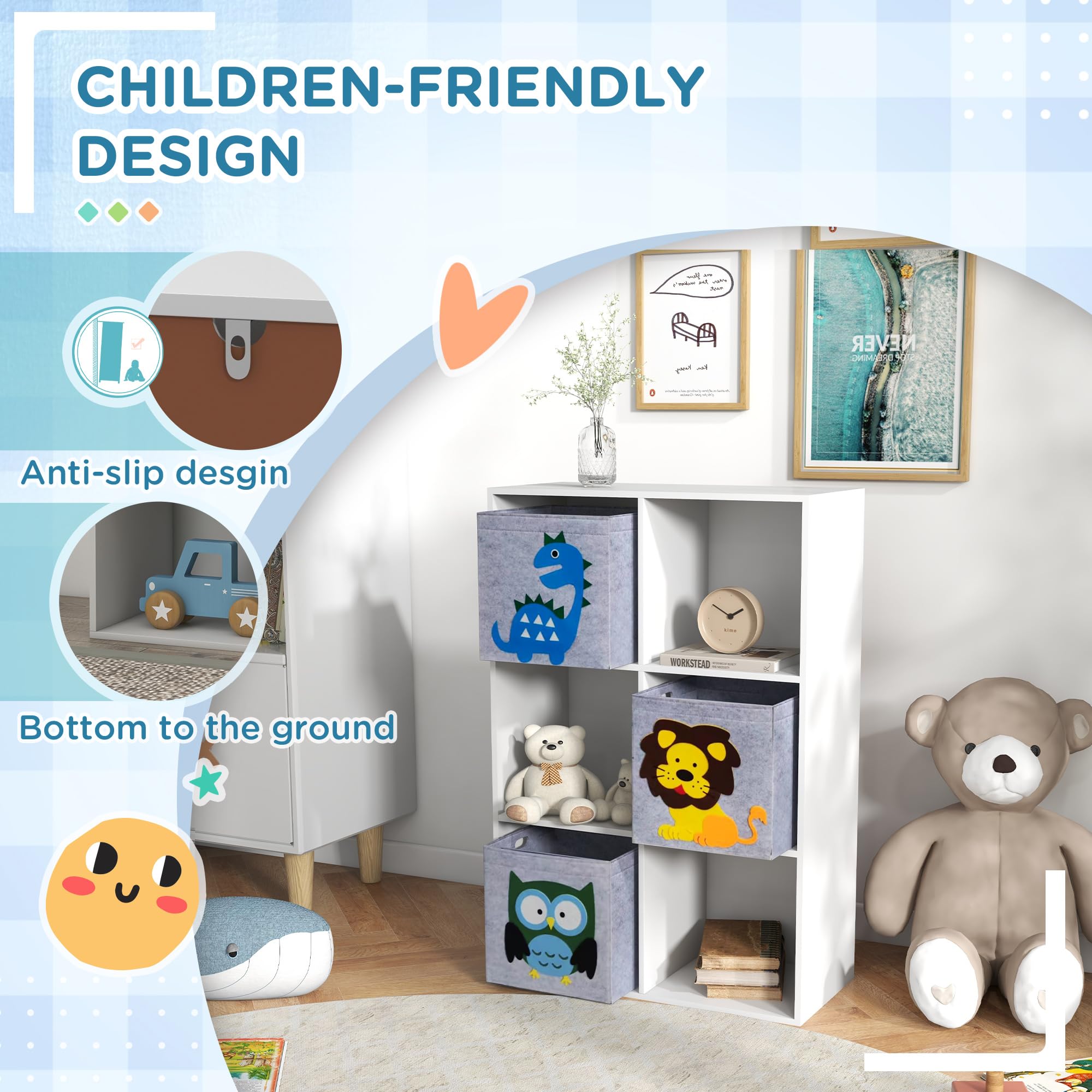 Qaba Children's Toy Organizer, Toy Storage with 3 Storage Bins and Cute Animal Design, Toy Shelf for Kids 3+ Years Old, White