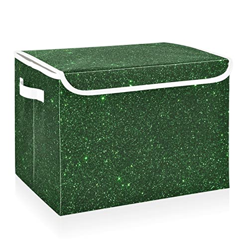 CaTaKu Emerald Green Glitter Storage Bins with Lids and Handles, Fabric Large Storage Container Cube Basket with Lid Decorative Storage Boxes for Organizing Clothes