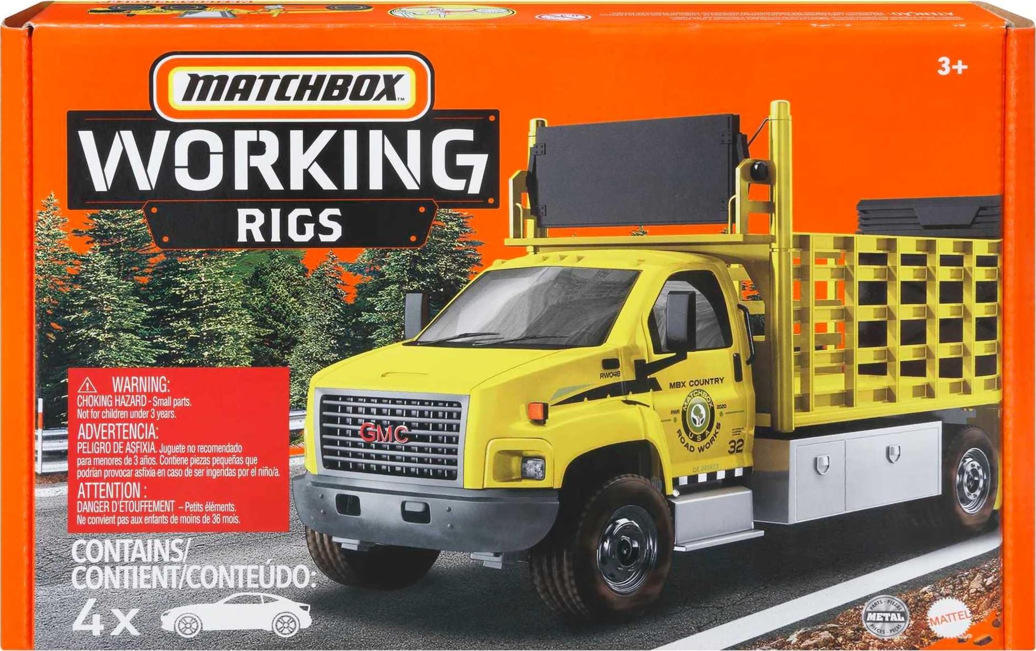 Matchbox Working Rigs 4-Pack, Set of 4 Toy Construction Trucks & Equipment with Moving Parts (Styles May Vary)