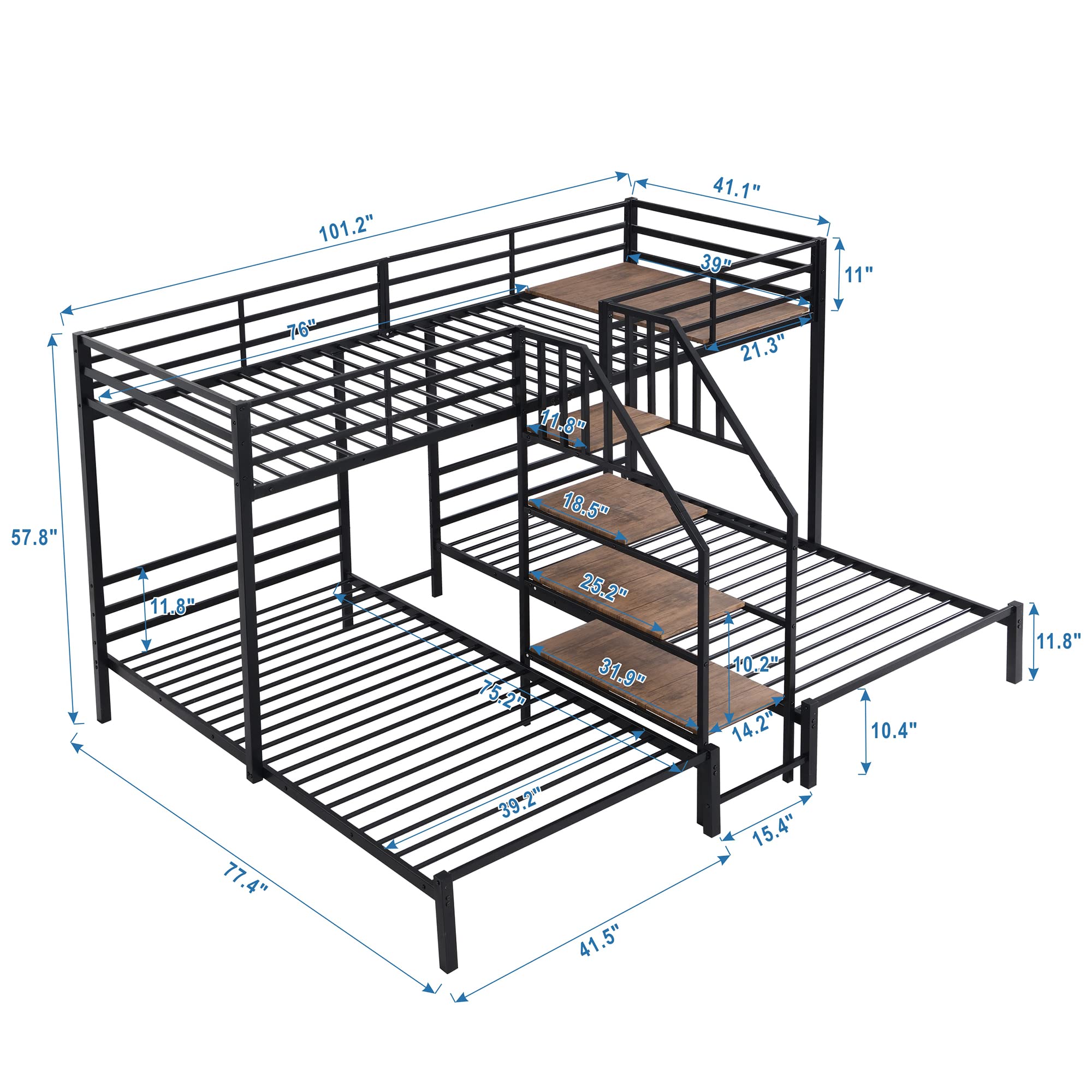 Polibi L-Shaped Twin Size Metal Triple Bunk Bed with Storage Shelves Staircase, Twin Over Twin & Twin Triple Bunk Beds, Black