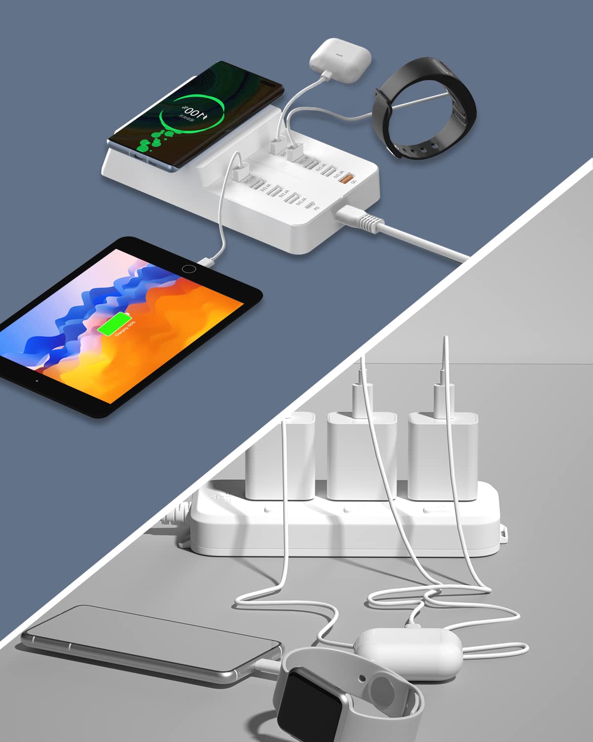 Charging Station for Multiple Devices - 10 Port Multi USB/PD/QC Charger Station with Wireless Charge Compatible with Cell Phone Tablets and More Electronics