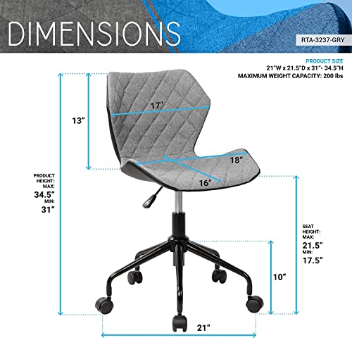 Techni Mobili Deluxe Modern Office Armless Task Chair, Grey 21.5D x 21W x 31H in