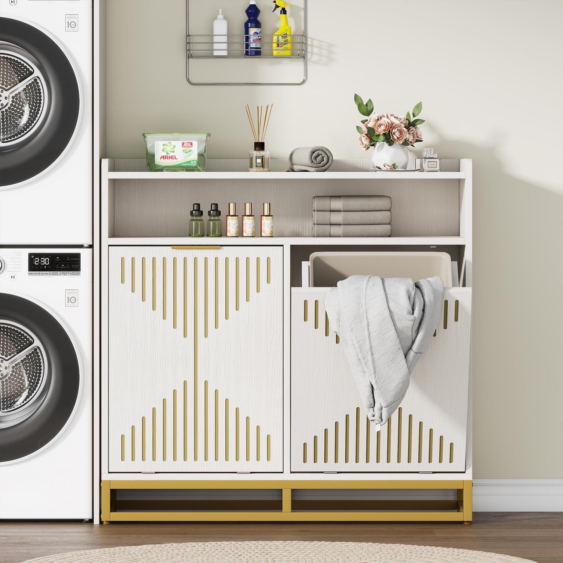 Condemo Double Tilt Out Trash Cabinet, Modern 20 Gallon Trash Bin Cabinets, Freestanding Recycling Cabinet, Storage Cabinet for Kitchen, Dining Room, Laundry, White and Gold (No Trash Can)
